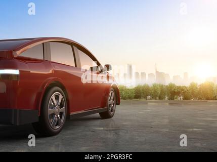 3d rendering rear view ev car or electric vehicle park in town with ...