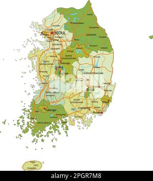 South Korea highly detailed political map with national flag isolated ...