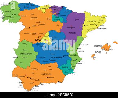 Colorful Spain political map with clearly labeled, separated layers ...
