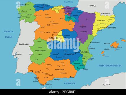 Colorful Spain political map with clearly labeled, separated layers ...