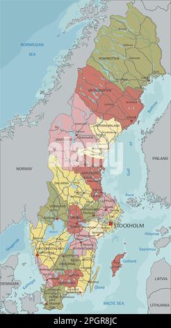 Sweden - Highly detailed editable political map with labeling Stock ...