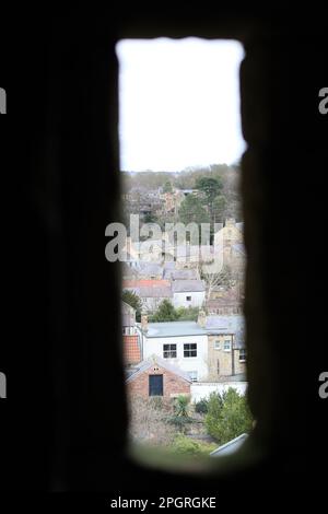 Inside a medieval castle arrow slit in the historic wall of Old ...