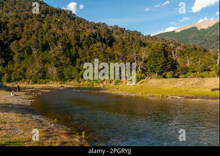 Camping area on the Pichi Traful river, Seven Lakes Road, Ruta 40, Neuquén Province, Argentina ...