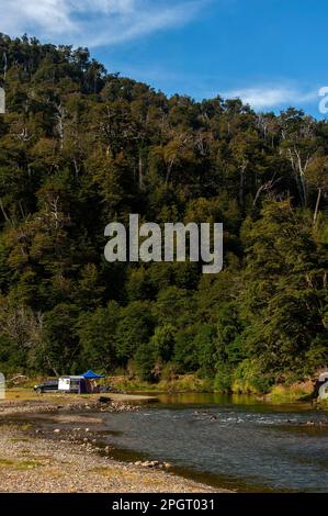 Camping area on the Pichi Traful river, Seven Lakes Road, Ruta 40 ...