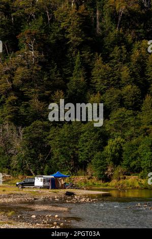 Camping area on the Pichi Traful river, Seven Lakes Road, Ruta 40, Neuquén Province, Argentina ...