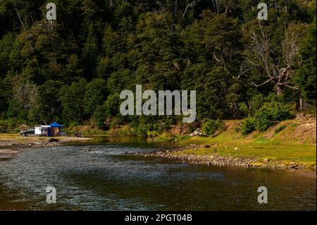 Camping area on the Pichi Traful river, Seven Lakes Road, Ruta 40 ...
