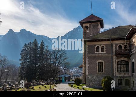 Part of Cantacuzino Castle with the Bucegi Mountains, Romania. Used in ...