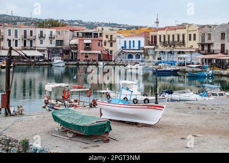 Harbour area Rethymnon, Crete, Greece with skids for getting boats from ...