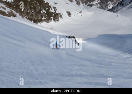 Single freeriding skier making fresh first tracks in recent powder snow ...