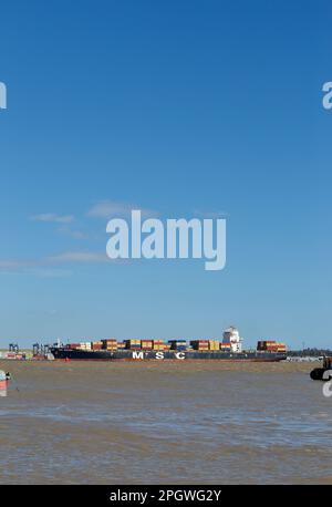 Container ship MSC Nerissa docking at the Port of Felixstowe, Suffolk ...
