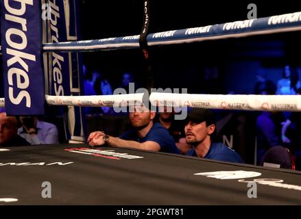 Bobby Faulkner's boxing coach Anthony Crolla (right) watches his ...