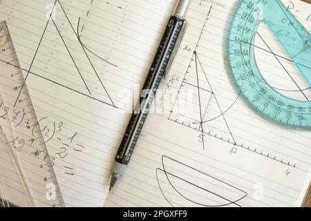 math and geometric calculation concept with ruler and set square Stock ...