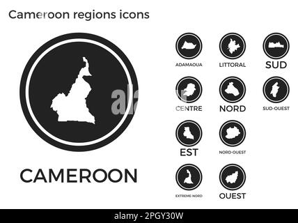 Cameroon badge. Map of the country with beautiful geometric waves and ...