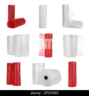 Set with different bubble wrap rolls on white background Stock Photo ...