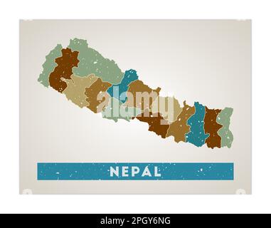 Nepal vintage map. Grunge poster with map of the country in retro color ...