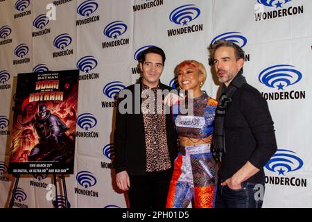 David Dastmalchian, Tati Gabrielle, Christopher Gorham at the press room for "Batman: The Doom ...