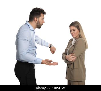Businessman scolding employee for being late in office Stock Photo - Alamy