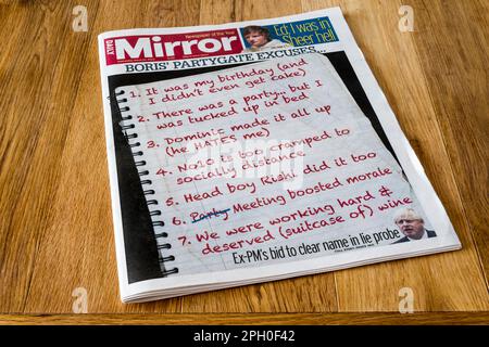 22 March 2023. Front page of Daily Mirror provides a suggested list of ...