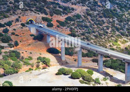 Greece, highway E75 with valley crossing and tunnel in Crete Stock ...