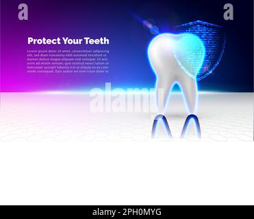 Realistic teeth with shield. Strong dental tooth, caries safeguard ...