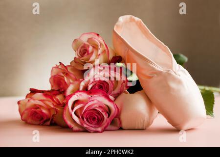 Beautiful pink ballerina roses on blue painted background and white ...