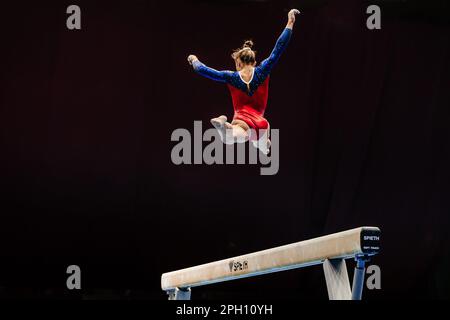 legs woman exercise split jump on balance beam gymnastics in black ...