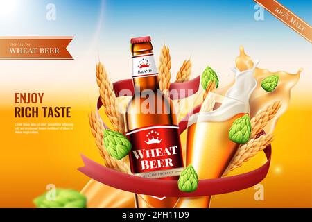 Realistic malt beer, ad promotion banner, bottle with label and glass ...