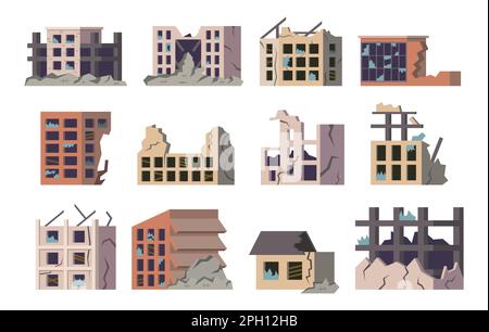 Cartoon apocalyptic city landscape with destroyed building on fire ...