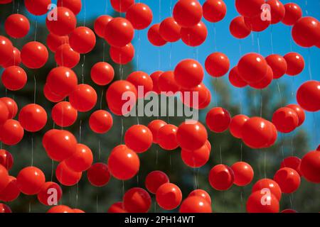 Red balls suspended on wire, outdoor art object symbolizing blood cells ...