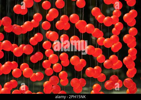 Red balls suspended on wire, outdoor art object symbolizing blood cells ...