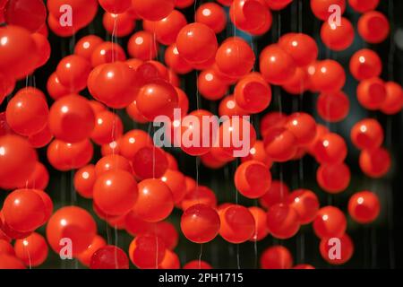 Red balls suspended on wire, outdoor art object symbolizing blood cells ...