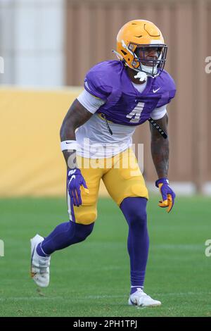 March 25, 2023: LSU's Harold Perkins Jr. (4) runs through a drill ...