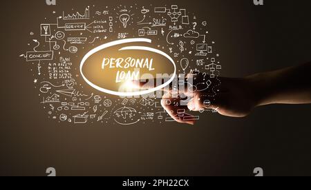 Hand touching hand drawn icons Stock Photo - Alamy