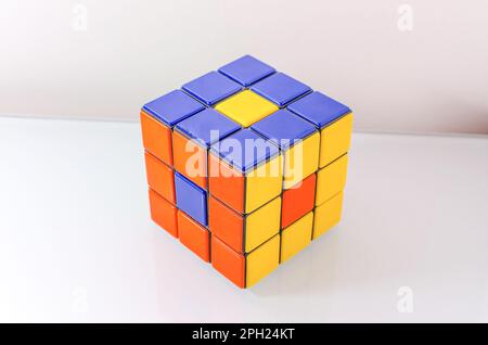 ROME - CIRCA FEBRUARY 2013: Example of successfully solved Rubik's cube, circa February 2013 in ...