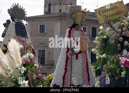 Ofrenda del Flowers,flower offering takes place with Spaniards dressed ...