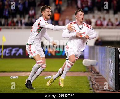 Nathan Broadhead of Wales celebrates his goal to make it 3-0 with Ben ...
