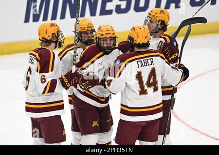 Fargo, USA. 25th Mar, 2023. Minnesota Gophers forward Jimmy Snuggerud ...