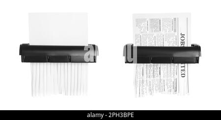 Destroying paper with shredders on white background, collage. Banner ...