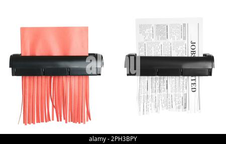 Destroying paper with shredders on white background, collage. Banner ...