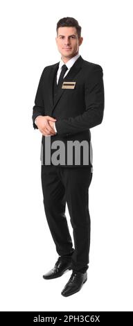 Full length portrait of happy receptionist in uniform on white ...