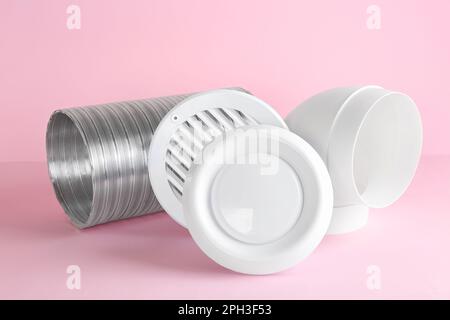 Parts of home ventilation system on yellow background, flat lay. Space ...