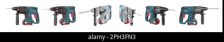 Set of modern electric drills on white background Stock Photo - Alamy