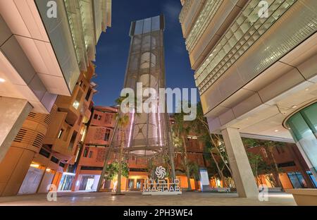 Night view of the landmark, central wind tower, which naturally ...
