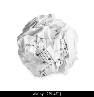 Crumpled sheet of paper with musical notes isolated on white Stock ...