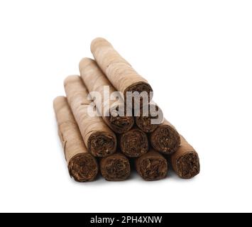 Many cigars wrapped in tobacco leaves as background, top view Stock ...