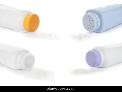 Set of overturned baby powder bottles on white background Stock Photo ...