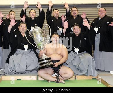 Sekiwake Kiribayama poses with the Emperor's Cup after winning the ...
