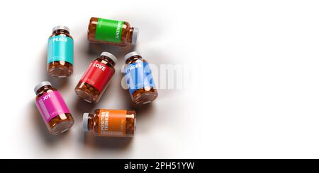 Colorful medicine bottles with positive feelings in a row on white ...