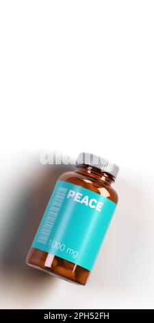 Turquoise PEACE medicine pills in vial with barcode on white background ...