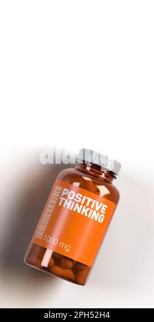 Orange POSITIVE THINKING medicine pills in vial with barcode on white ...